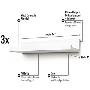 Americanflat 14 Inch Floating Shelves in White Composite Wood - Wall Mounted Storage Shelves for Bedroom, Living Room, Bathroom, Kitchen, Office and More, 14 Inches , 3 Count (Pack of 1)