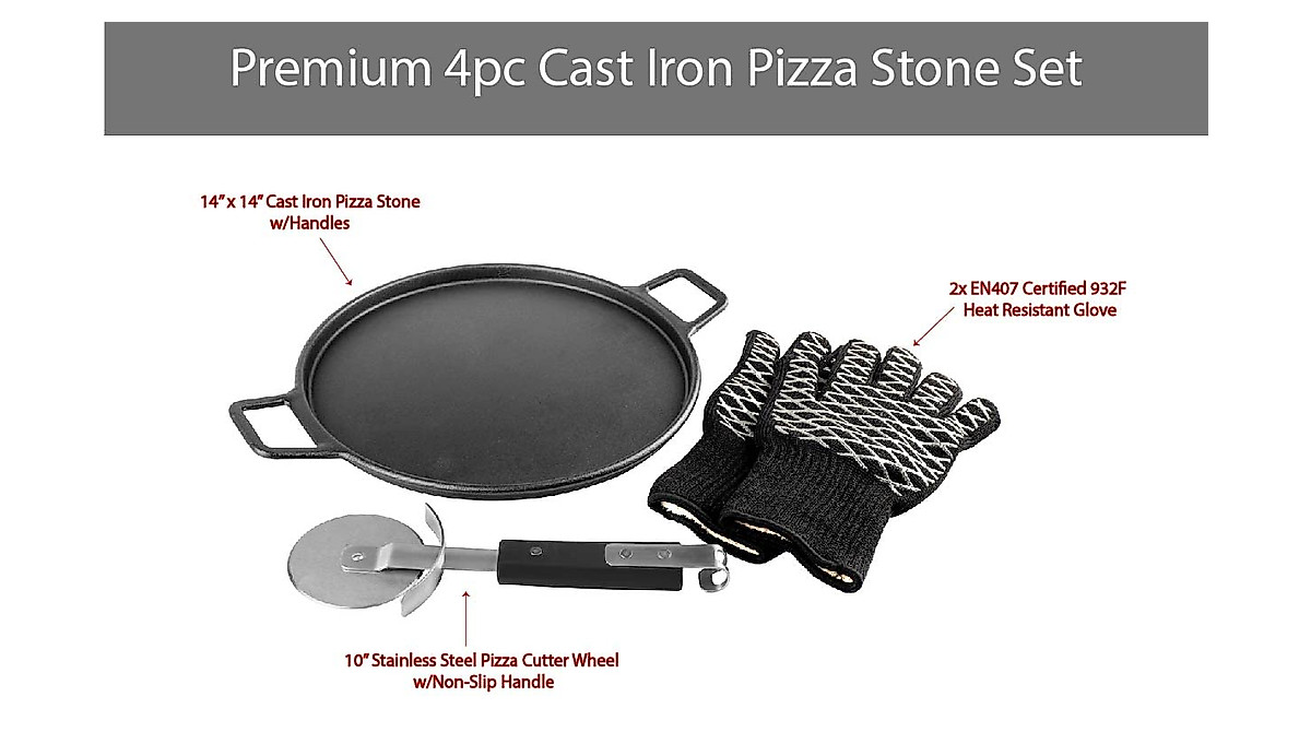 PitMaster King Cast Iron Pizza Stone 4-Pk Kit for Perfect Crusts