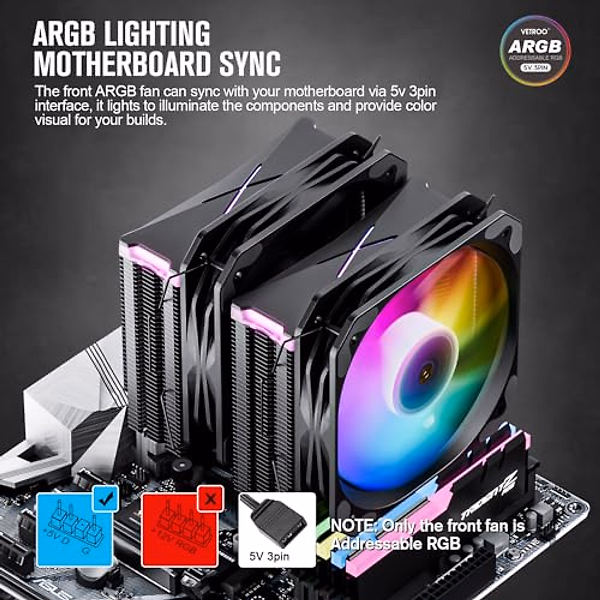 Vetroo U6PRO Dual Tower CPU Cooler - 220W TDP, 6 Heatpipes, Top ARGB Lighting, 130mm ARGB & PWM Fan - Compatible with Intel LGA 1851/1700/1200/115X & AMD AM5/AM4