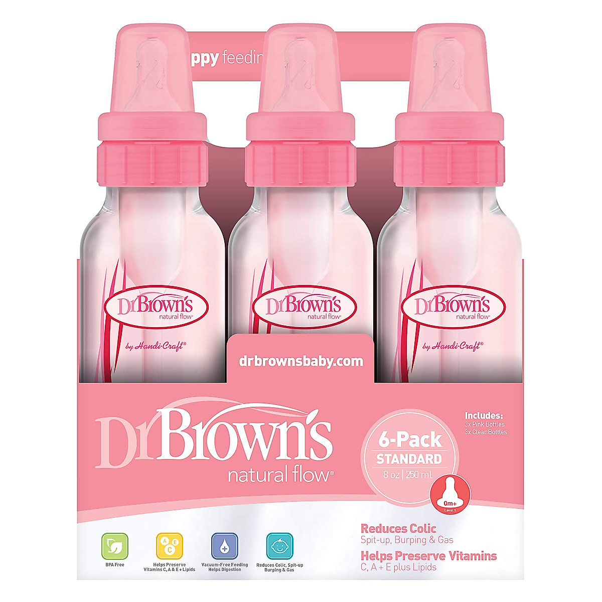 Dr. Brown's Original Baby Bottles, 8oz/250ml, Narrow Bottle, Pink and Clear, 6 Count