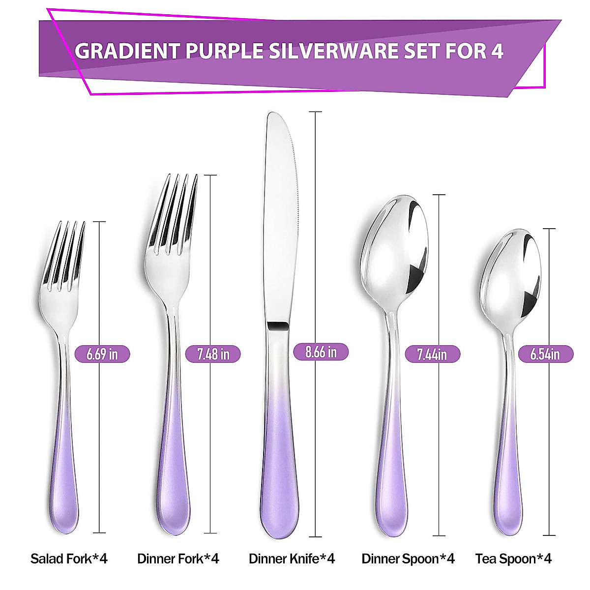 Gradient Purple Silverware,Stainless Steel Flatware Set,20 Piece Tableware Cutlery Set,Mirror Polished Utensils Sets for Kitchen,Reusable Dinnerware Set Service for 4,Dishwasher Safe