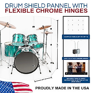 PENNZONI Drum Shield 6ft w/Chrome Hinges, Comes w/ 5 Drum Panels, & Chrome Hinges, Premium Clear Acrylic Panels, Drum Screen