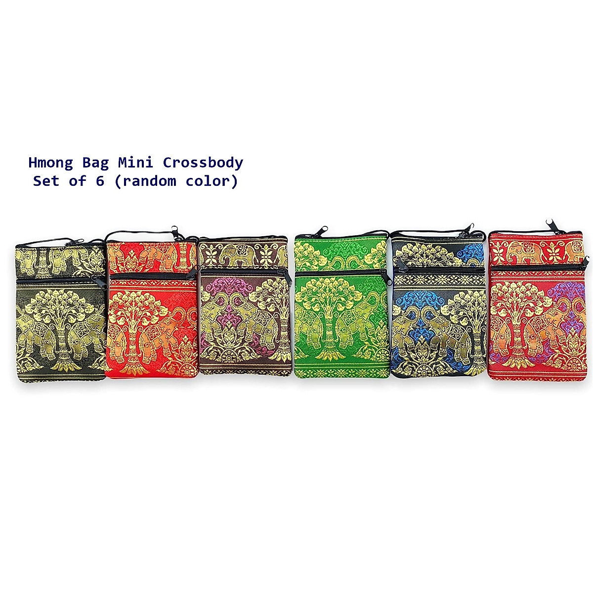 ablossom, Hmong Bag Hill Tribal Elephant Mini Crossbody Single Shoulder Unique Handmade For Women Cell Phone Purse Passport Holder & Travel Pouch Multicolor Handbag, Pack Of 6