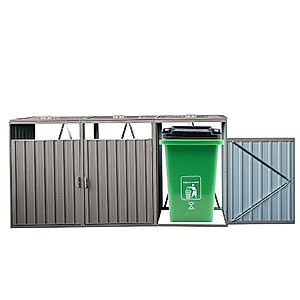 Garbage Bin Shed Stores 3 Trash Cans - Outdoor Metal Bin Storage for Garden, Yard, and Lawn - Stainless Galvanized Steel with Easy Access Lids and Doors - Bin Hider for Trash Can Organization