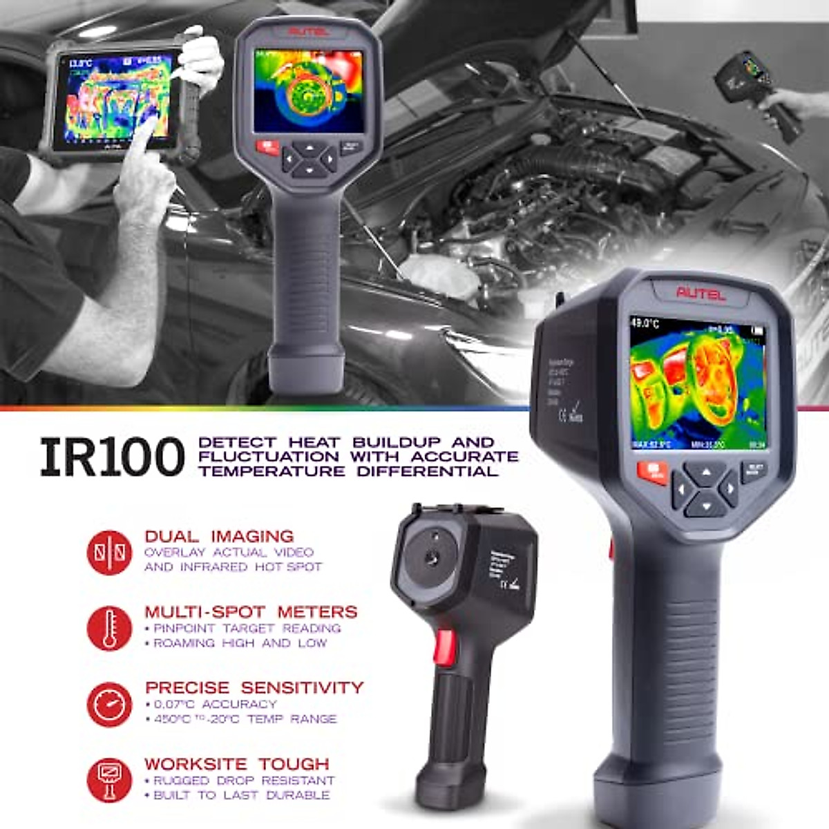 Autel MaxiIRT IR100 Thermal Imaging Camera Auto-Focus for Instant Thermal Imaging Dual Camera Overlay Feature Adjustable Emissivity Five Color Palettes Wi-Fi Image Transfer to PC or Mobile Device