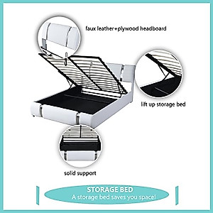 Queen Size Upholstered Bed with Hydraulic Storage, Lift Up Storage Faux Leather Bed with Headboard, Wood Platform Bed Frame for Teens& Adults, Bedroom, No Box Spring Needed, White