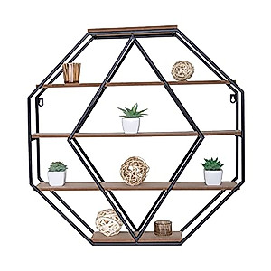 Sheffield Home Decorative Octagonal Metal and Wood Floating Shelf, Black and Natural