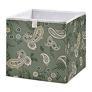 CaTaKu Flower Paisley Green Cubes Storage Bins 11 inch Collapsible Fabric Storage Baskets Shelves Organizer Foldable Decorative Bedroom Storage Boxes for Organizing Home