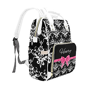 Black White Damask Pink Glitter Bow Diaper Bag Backpack with Name for Men Women Custom Personalized Nursing Baby Bags Shoulders Travel Bag Daypack