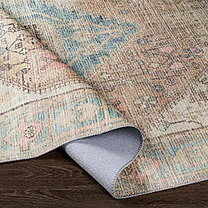 Mark&Day Washable Rugs, 9x12 Oak Lawn Traditional Tan Area Rug, Blue Beige Brown Carpet for Living Room, Bedroom or Kitchen (8'10" x 12', Machine Washable)