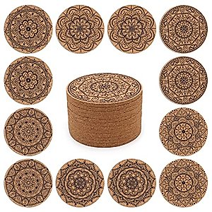 STARUBY Coasters for Drinks 12 pcs Absorbent Cork Coasters with Flower Pattern Housewarming Gifts for New Home Present for Friends, Living Room Decor, Apartment Decor