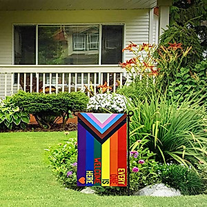 FLAGWIN Progress Pride Flags EVERYONE IS WELCOME HERE 12x18 LGBTQ Garden Rainbow Pride Flag with Vivid Color and Durable Nylon, Inclusive Gay Outdoor Flag for Yard Lawn Wall or Room(Stand not included)