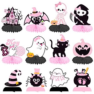 Halloween Party Honeycomb Centerpieces 12Pcs Happy Halloween Party Decorations for Girls Pink and Black Halloween Theme Centerpieces for Ghost Pumpkin Bat Witch Theme Party Baby Shower Supplies