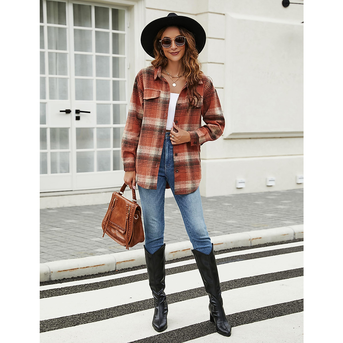 Blooming Jelly Flannel Shirts for Women Long Sleeve Plaid Shirt Shacket Jackets Fall Clothes 2023 (Small, Orange)