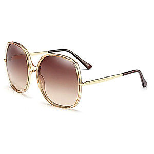 Freckles Mark 70s Super Oversize Square Sunglasses for Women Vintage Rectangular Plastic Frame (Champagne/Gradient Brown)
