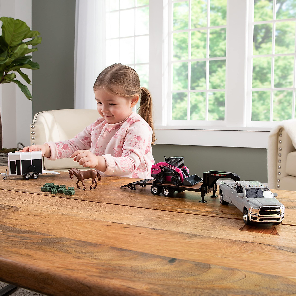 TOMY CASE Construction Farm Playset - 1:32 Scale - Includes SV340B Skid Loader, RAM Pickup Truck Toy, Gooseneck Trailer, Horse Trailer, Horse Toys and Hay Bales - Ages 3 Years and Up