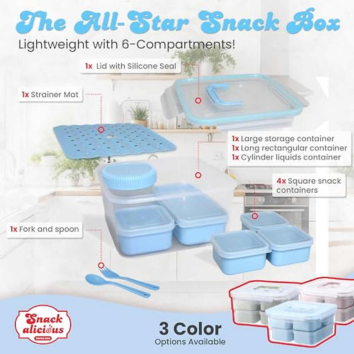 Snackalicious Snackle Box Container | Snack Containers, 6 Inner Snack Box Containers, Leak Proof Silicone Seal Snack Box With Handle, 4-way Lock, and Fork & Spoon, Snackle Box Container