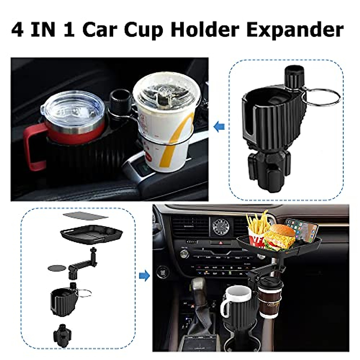 Aiuuee 4 in 1 Cup Holder Tray for Car, Upgraded Car Cup Holder Expander with Tray, Dual Cup Holder, Phone Slot, Adjustable Swivel Arm & Base, Detachable Car Food Tray Table for Eating