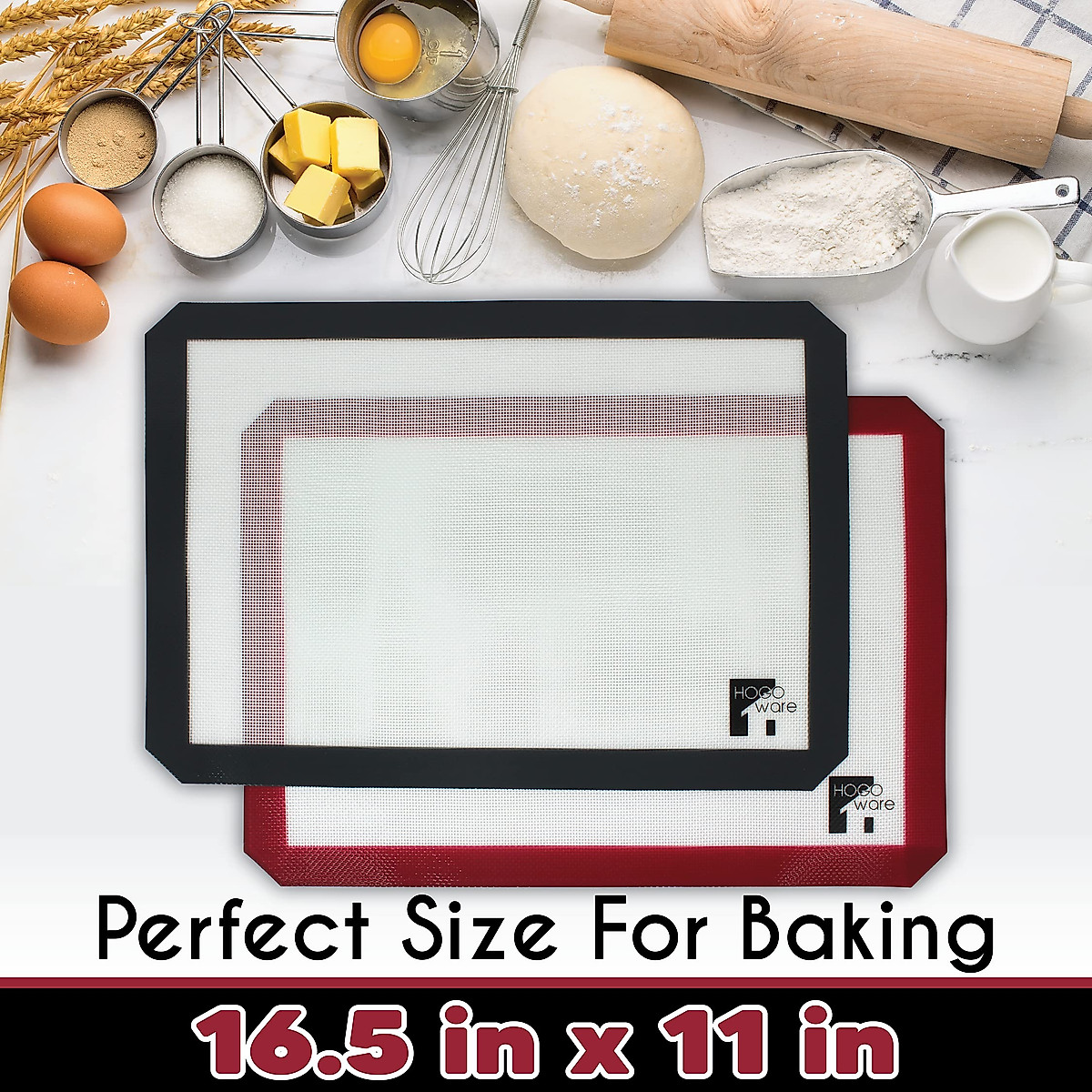 HOGOware | (16.5” x 11.6”) Non-Stick Reusable Silicone Baking Mats | Heat and Cold Resistant | Brick Red