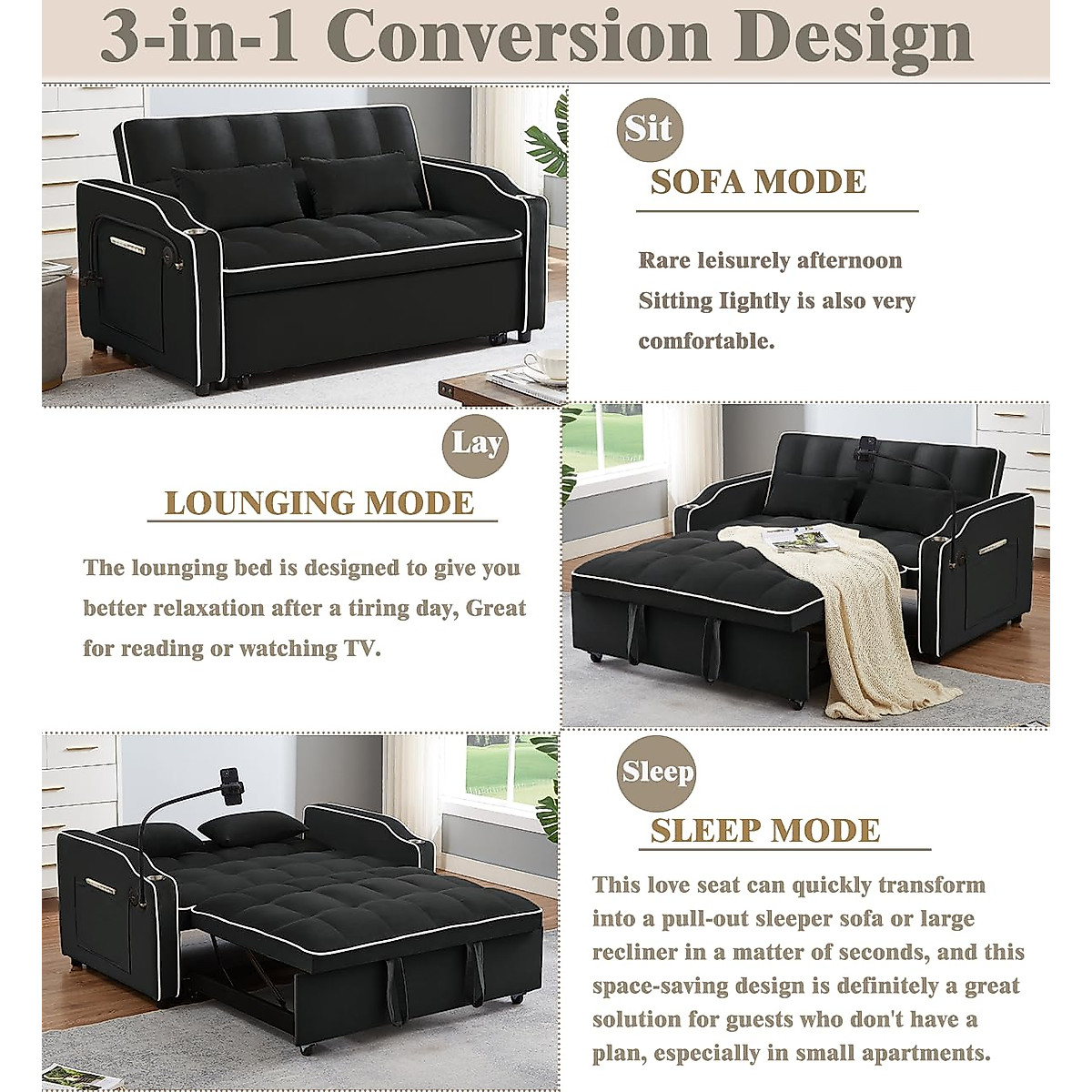 Convertible Sleeper Sofa Bed with USB Ports,Pull Out Sofa Bed with Swivel Phone Holder,Modern Velvet Loveseat Futon Couch with with Cup Holders,Small Love Seat Lounge Sofa Bed for Small Space(Black)