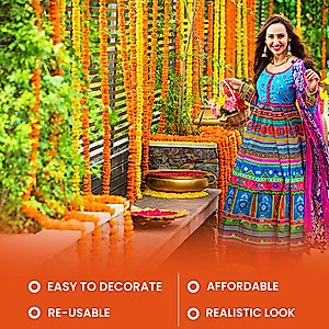 Marigold Garland for Decoration 5 Feet Indian Artificial Flowers for Diwali, Christmas, Party, Wedding Backdrop, Pooja & Cempasuchil Garlands Mexican Day of The Dead Halloween with 1 Diya (Orange 5)