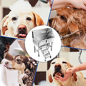 ARTYUIO 34'' Pet Grooming Tub Dog Washing Station for Small Dogs Pet Bathtub Stainless Steel Dog Bathing Tub Wash Sink Shower Station with Retrackable Stairs, Sliding Door,Home Commercial