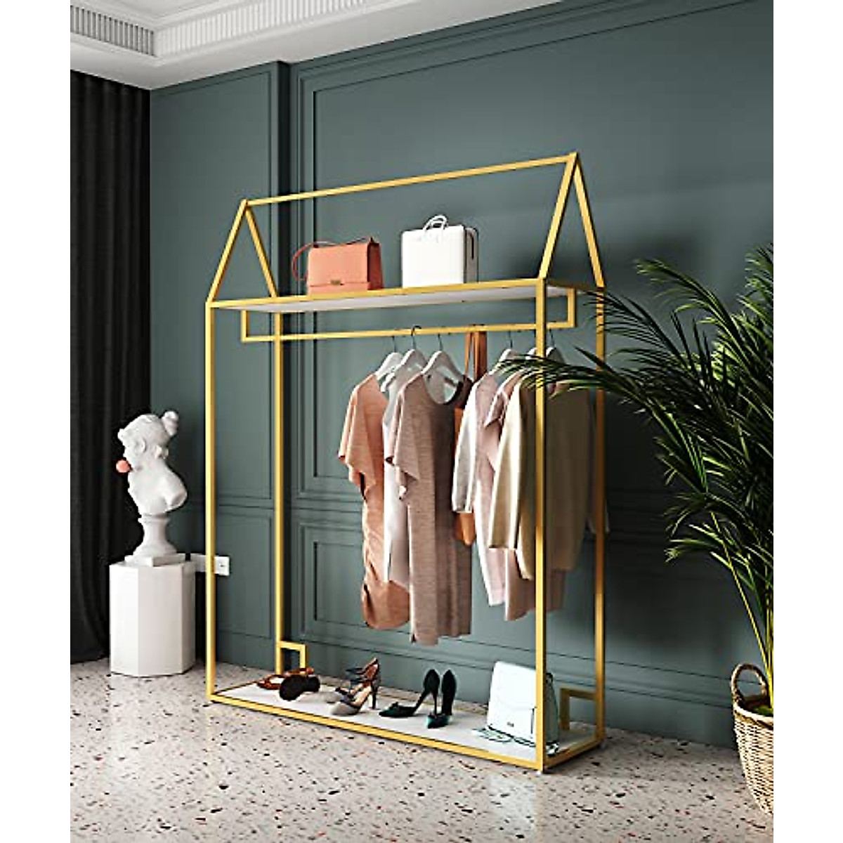 TDD Modern Clothing Rack Gold with 2 Shelves Free-Standing Garment Rack Heavy Duty Retail Display Clothes Racks for Hanging Clothes Boutique Home