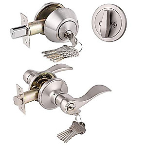 Satin Nickel Keyed-Alike Door Levers and Single Cylinder Deadbolts Combination Sets Front Door Locksets, with Same Key, Locking Handle with Deadbolt Same Key, 2Pack