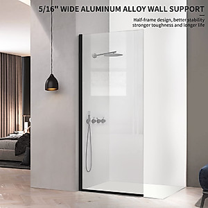 Bathroom Shower Door Screen, 34 in. W x 74 in. H Single Panel Frameless Shower Screen with Tempered Glass, for Bathroom and Bathtub, Clear Shower Door Screen with Matte Black Rods