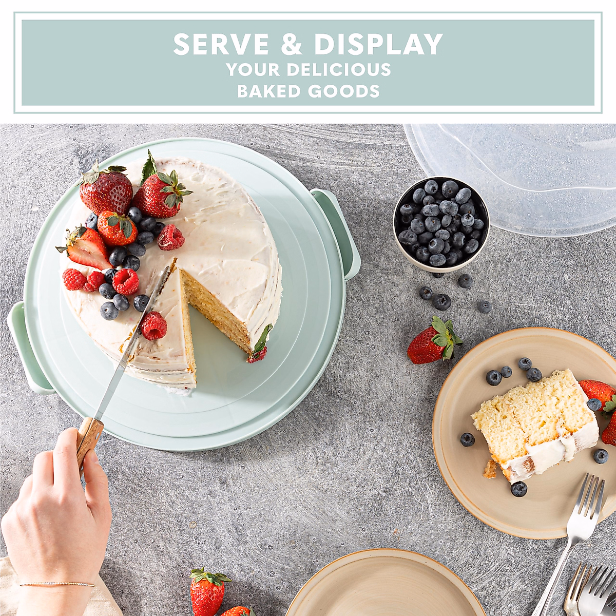 MosJos Round Cake Carrier, BPA-Free Plastic Cake Keeper with Lid, Fits 10” Cakes, Two Secure Side Closures, Dishwasher Safe Cake Transport Container