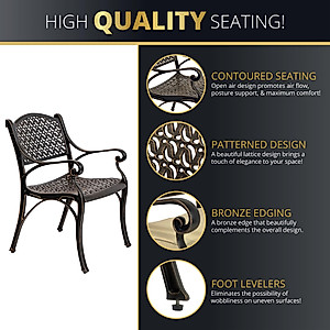 Kinger Home Harmon 5-Piece Cast Aluminum Outdoor Dining Set for 4 with Cushions - Elegant Round Patio Table and Chairs with Umbrella Hole, Bronze