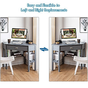 LDAILY Small Corner Desk, Triangle Makeup Vanity Desk for Small Space, Compact Writing Desk with Storage Shelves & Drawer, Space Saving Corner Computer Desk for Bedroom, Home Office