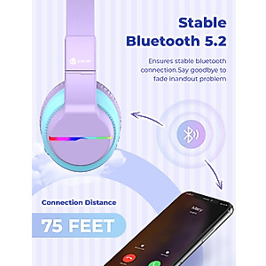 iClever BTH12 Kids Bluetooth Headphones,Colorful LED Lights Wireless Kids Headphones,74/85/94dB Volume Limited,55H Playtime,Bluetooth 5.2,Over Ear Headphones with Mic for iPad/Tablet/Traveling,Purple