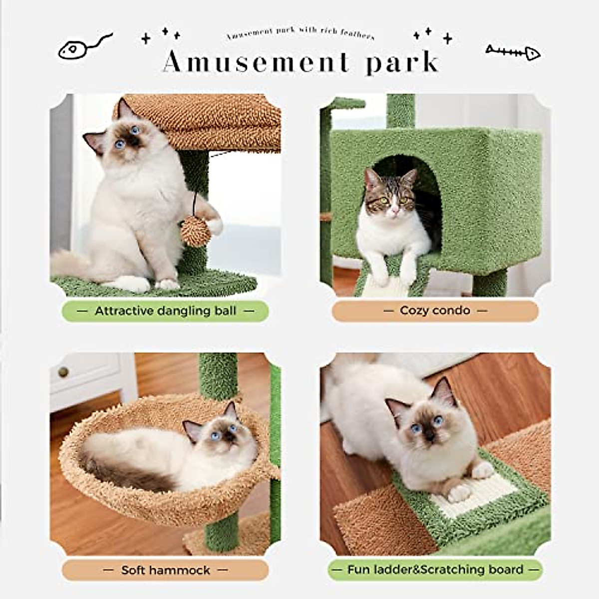 PAWZ Road 41 Inches Cactus Cat Tower with Sisal Covered Scratching Post and Cozy Condo for Indoor Cats, Cat Climbing Stand with Plush Perch &Soft Hammock for Multi-Level Cat Play House