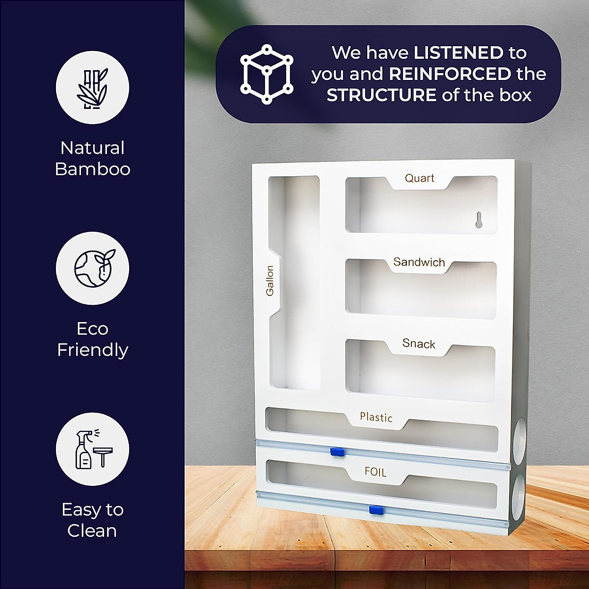 Forever Home 6 IN 1 Ziplock Bag Organizer, Bamboo Foil & Plastic Wrap Organizer for Kitchen Drawer - Compatible with Ziplock Gallon, Quart, Sandwich, Snack, Aluminum Foil etc - White