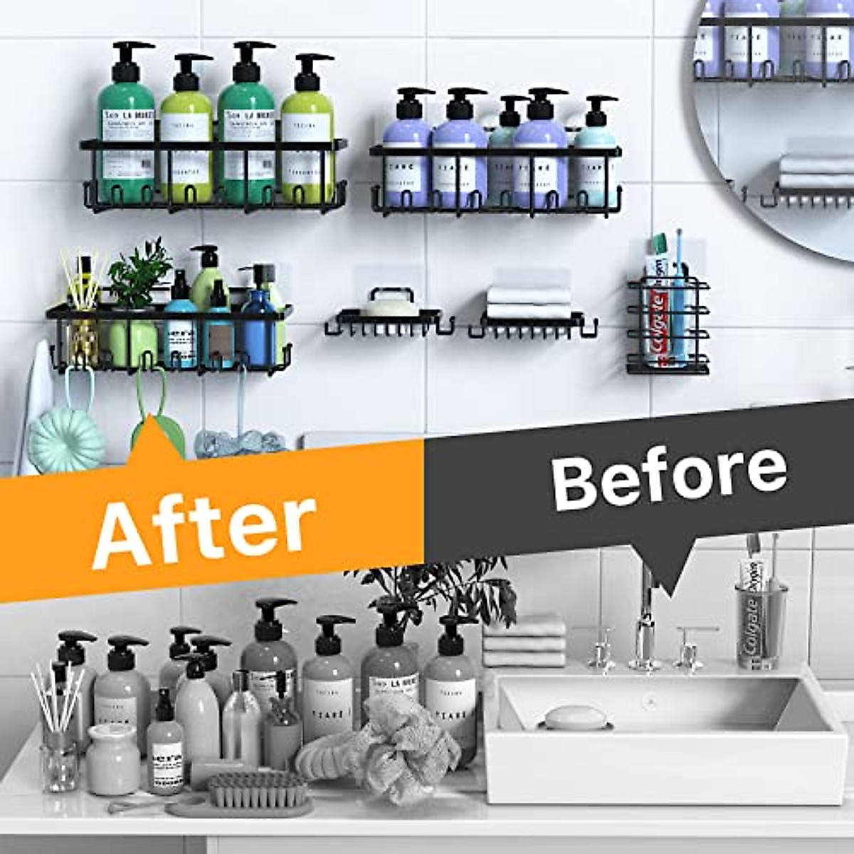 GYLYJP Shower Caddy, 6-Pack Self Adhesive Shower Shelves No Drilling, Rustproof Stainless Steel Shower Organizer, Large Capacity Wall Mounted Shower Storage, Shower Shelf for Inside Shower, Black