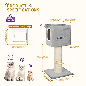 Hzuaneri 39-Inch Cat Scratching Post Tower with Bed, Cat Tower with LED Light Strip, Cat Scratcher Post with Woven Sisal, Condo, Pompom, Light Gray MS99018LG