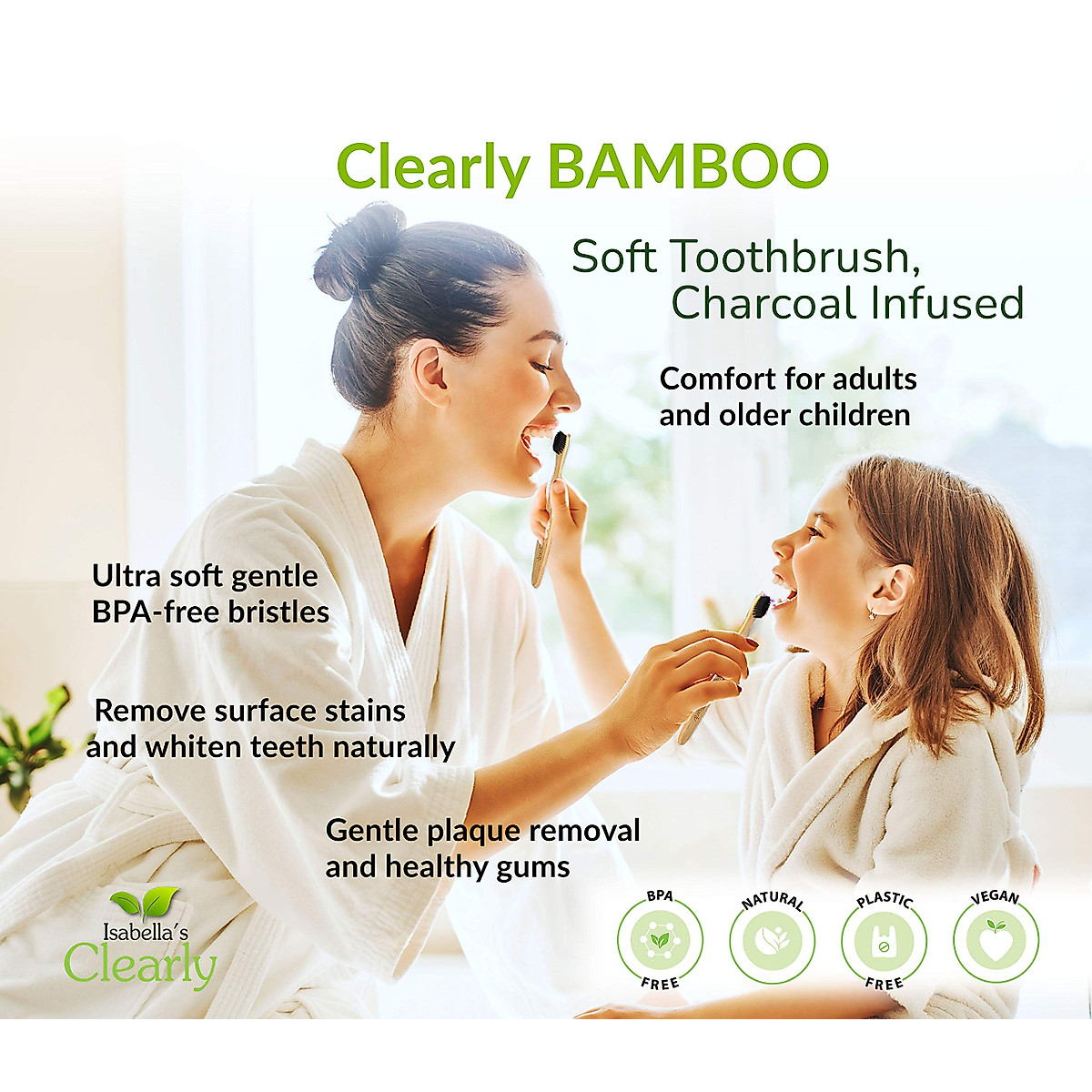 Clearly Bamboo Toothbrush Set | Extra Soft Charcoal Infused Bristles, Eco Biodegradable Wood, BPA Free Vegan Nylon | Great for Teeth Whitening, Sensitive Gums, Adults, Kids (Family Pack of 4)