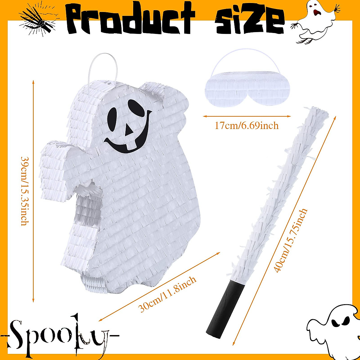 Halloween Ghost Piñata Spooky White Ghost Piñata with Stick and Blindfold Halloween Hanging Decoration Mexican Piñata for Kids Birthday Game Halloween Party Supplies