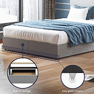 ZAFLY Platform California King Size Bed Frame with Linen Adjustable Headboard,Cal King Bed Frame with 2 Storage Drawers,Wooden Slats Support,No Box Spring Needed,Easy Assembly,Light Grey