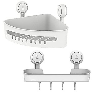 LEVERLOC Corner Shower Caddy Suction Cup & Shower Caddy with 4 Hooks NO-Drilling Removable Bathroom Shower Shelf Heavy Duty Caddy Organizer Waterproof & Oilproof for Bathroom & Kitchen
