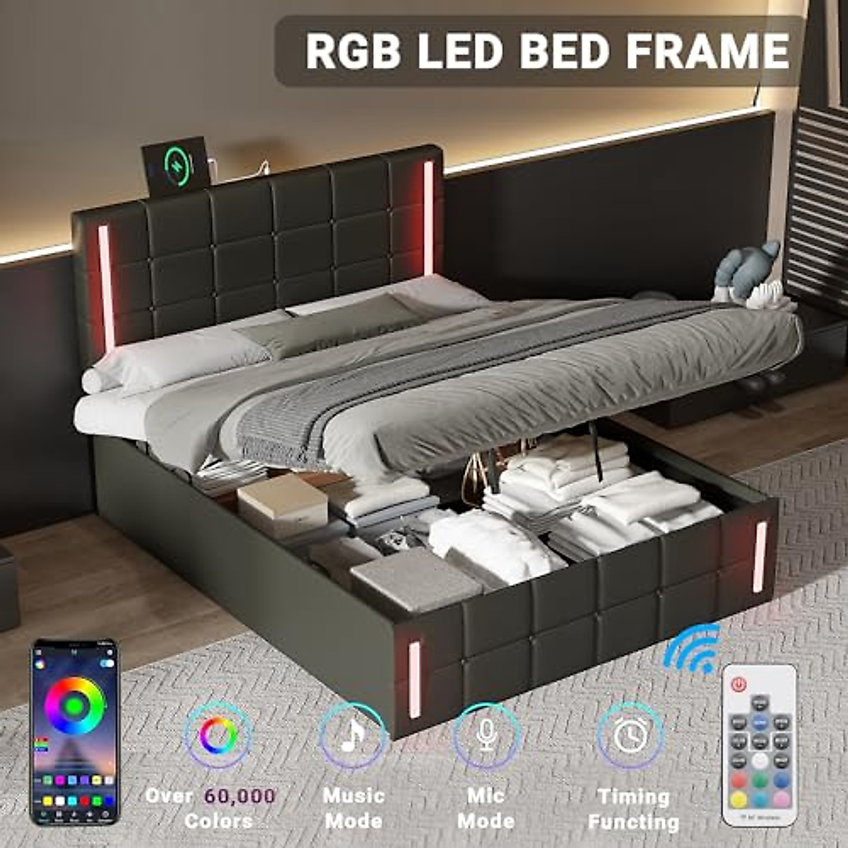 Bellemave Bed Frame,Upholstered Queen Platform Bed with Lift Up Storage, LED Lights and USB Charging, Faux Leather Bed Frame with Headboard and Slat Support (Black, Full Size)
