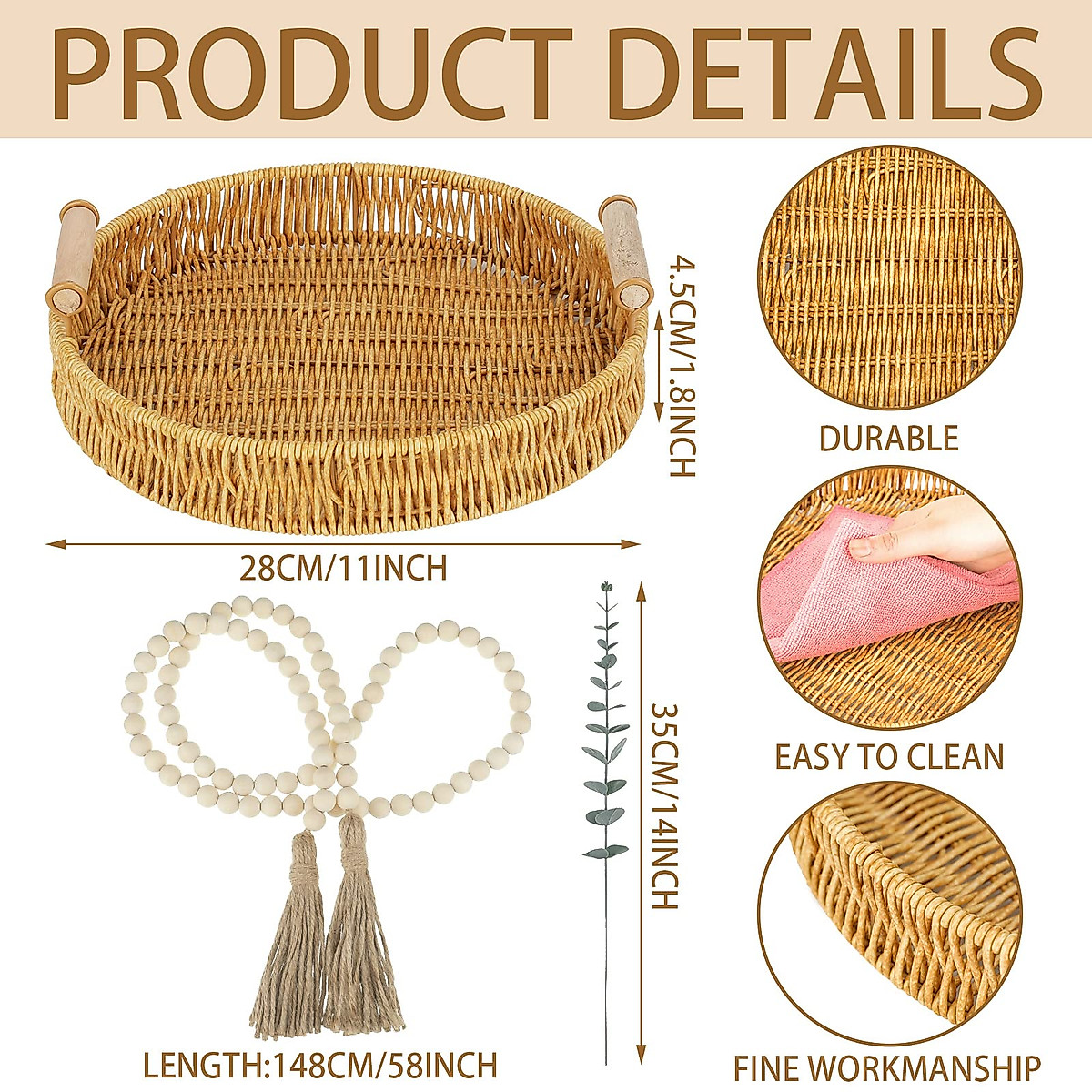 8 Pcs Boho Farmhouse Coffee Table Tray Set 11 Inch Wicker Rattan Serving Tray with Handles Round Rattan Tray Basket Wood Bead Garland with Tassels 6 Artificial Eucalyptus Leaves for Home Fall Decor