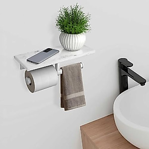 Toilet Paper Holder with Shelf，Wall Mounted Black Toilet Paper Holder，Marble Tissue Roll Holder for Bathroom Washroom, Marble Top Toilet Paper Holder Brushed Nickel