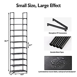 HODYANN 10 Tiers Shoe Rack, 20 Pairs Narrow Shoe Rack Organizer, Space Saving Non-Woven Fabric Metal Shoe Shelf, Stackable Large Shoe Rack for Closet (Black-N)