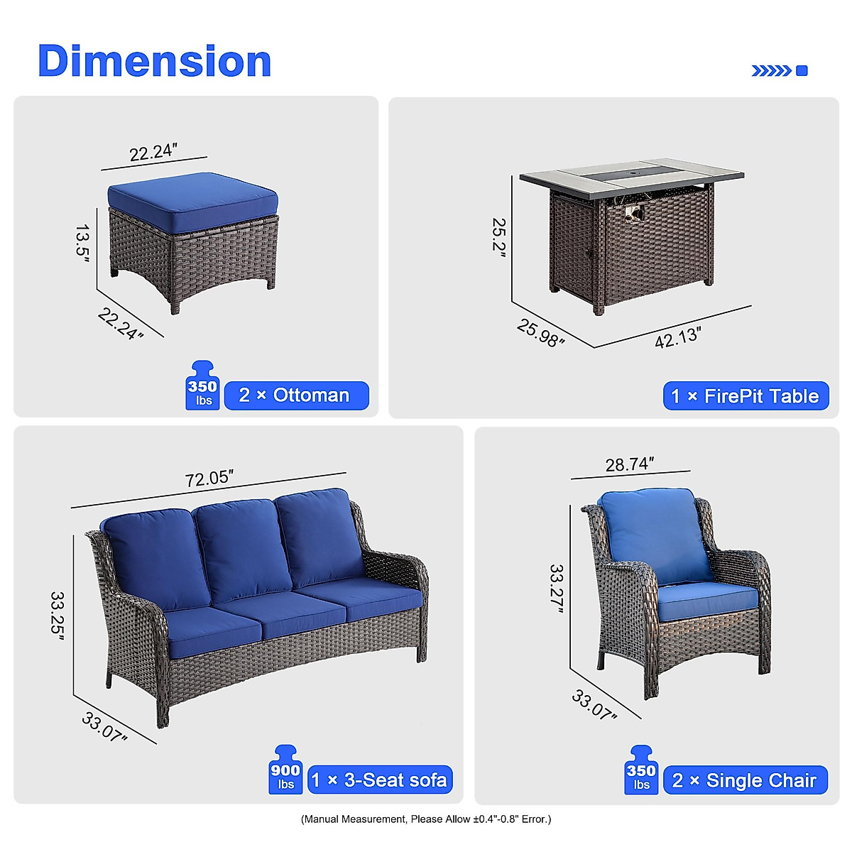 XIZZI Patio Furniture Set Outdoor Conversation Sofa with 42 Inch Rectangle Propane Fire Pit Table All Weather PE Rattan Wicker High Back Outside Couch for Backyard and Garden,Brown Wicker Navy Blue