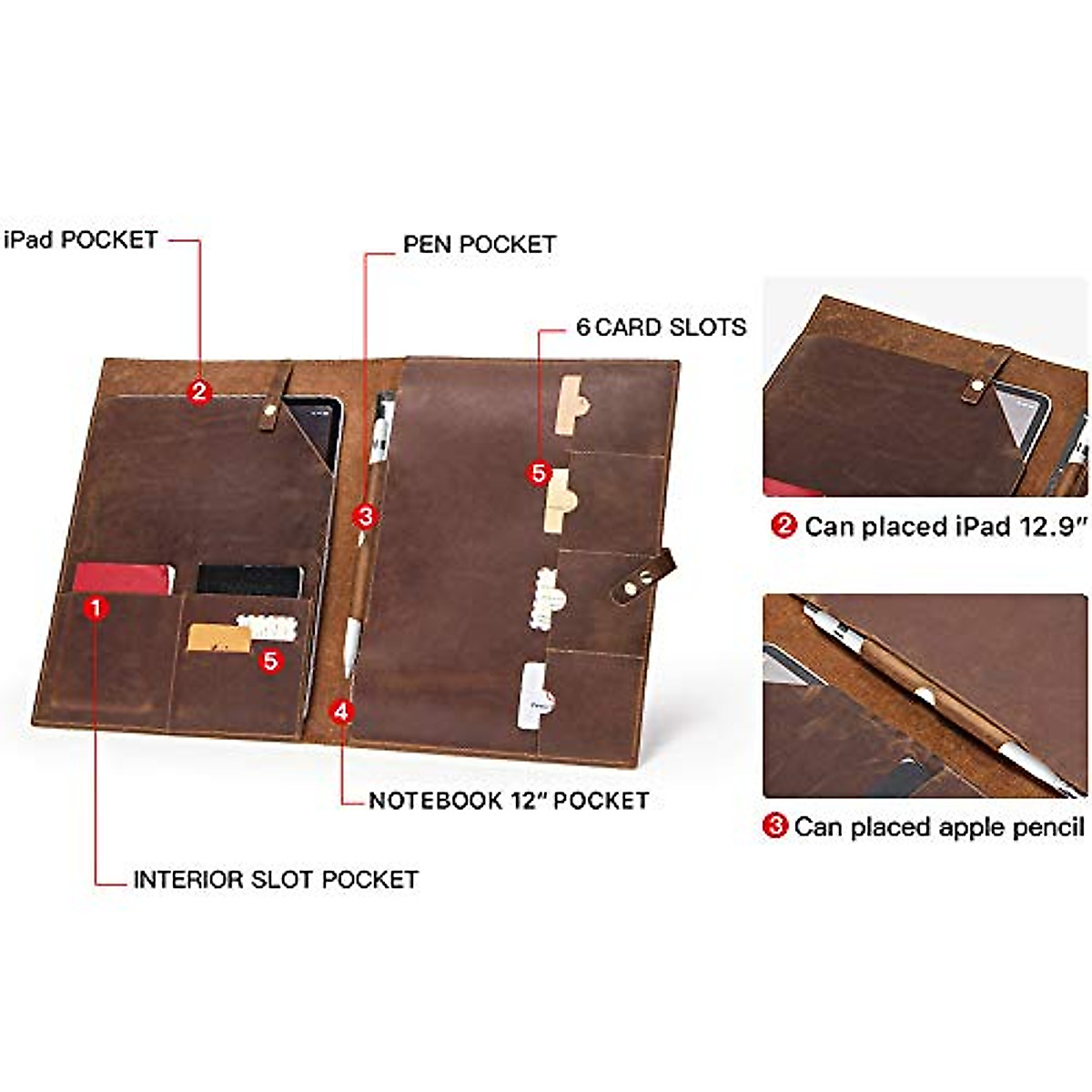 Leather Sleeve for iPad Pro 12.9" with Pencil Holder & Card Holder - Handmade from Genuine Leather (Cover, Bag, Case, Protection)