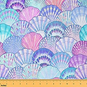 Watercolor Shells Print Fabric by The Yard Dreamy Fish Scale Coastal Sea Creature DIY Craft Hobby Fabric by The Yard Blue Purple Ombre Spiral Pattern Fabric for Upholstery and Home Accents,1 Yard