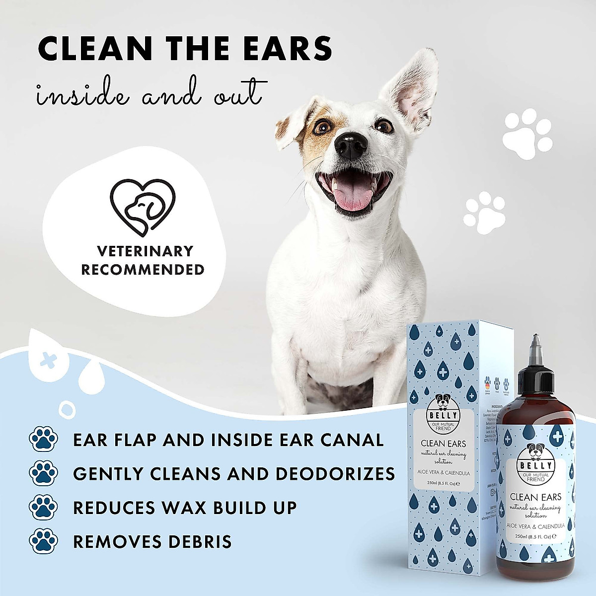 Belly Dog Ear Cleaner - Natural Ear Cleaner for Dogs: for Waxy Ear Canals. Ear Wash for Dogs for Dog Itchy Ears - Dog Ear Wipes Alternative, 8.5 Fl Oz