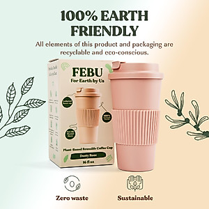 FEBU Plant-Based Reusable Coffee Cup with Lid and Sleeve | 16oz, Dusty Rose | Portable Travel Mug made from Bamboo | Dishwasher Safe, Zero Waste, Plastic Free with Leak-Proof Screw-on Lid